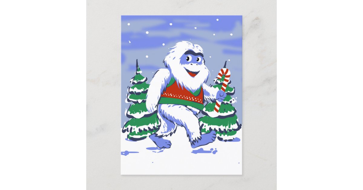 Cute yeti christmas in forest postcard | Zazzle
