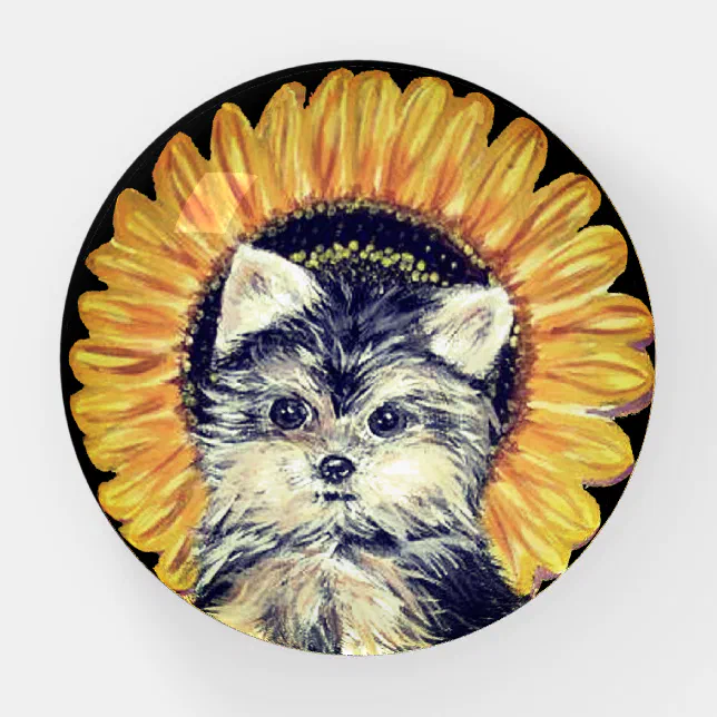 Cute Yorkie Puppy Dog & Sunflower Art Paperweight | Zazzle