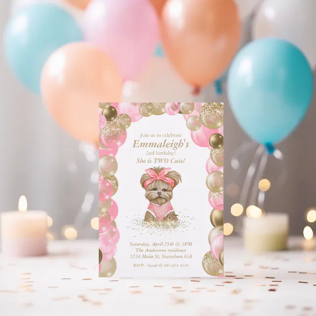 Cute Yorkie Two Cute Balloon Birthday Party Invitation | Zazzle