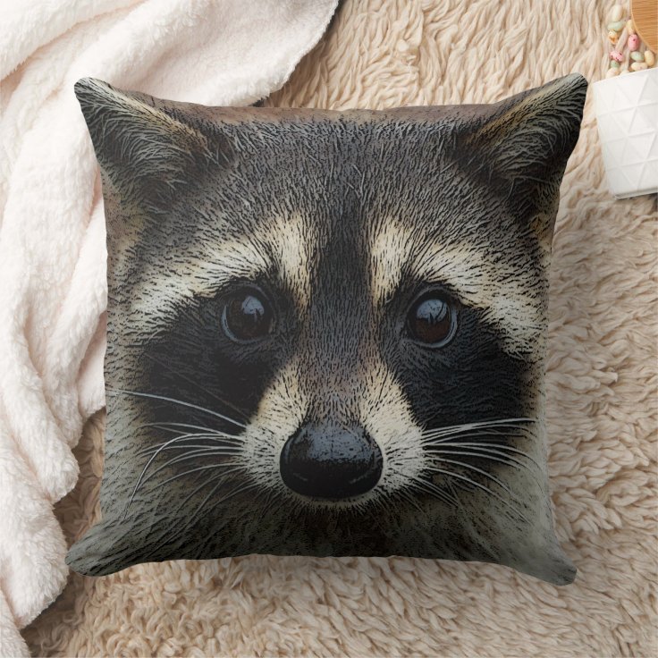 Cute Young Raccoon Face Mask and Stare Close Up Throw Pillow | Zazzle