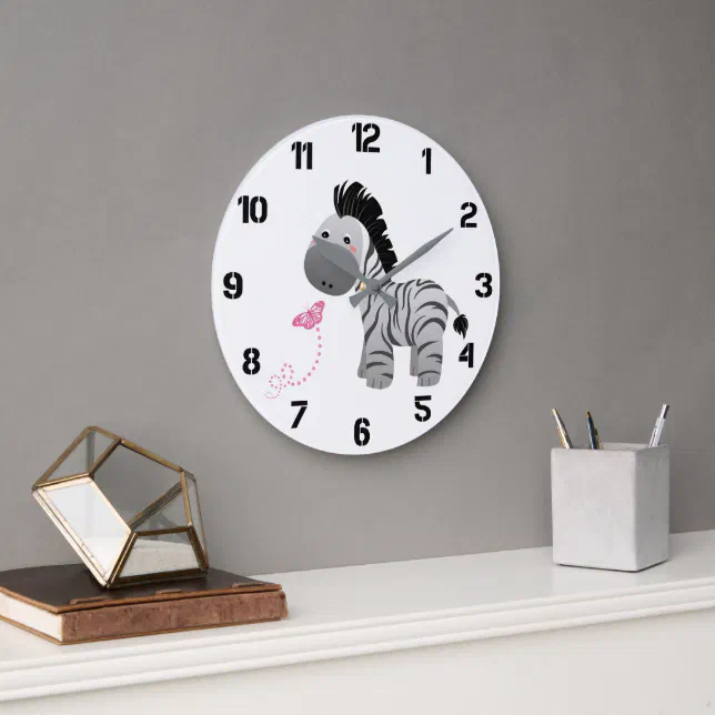 Cute Zebra and Butterfly Nursery Large Clock | Zazzle