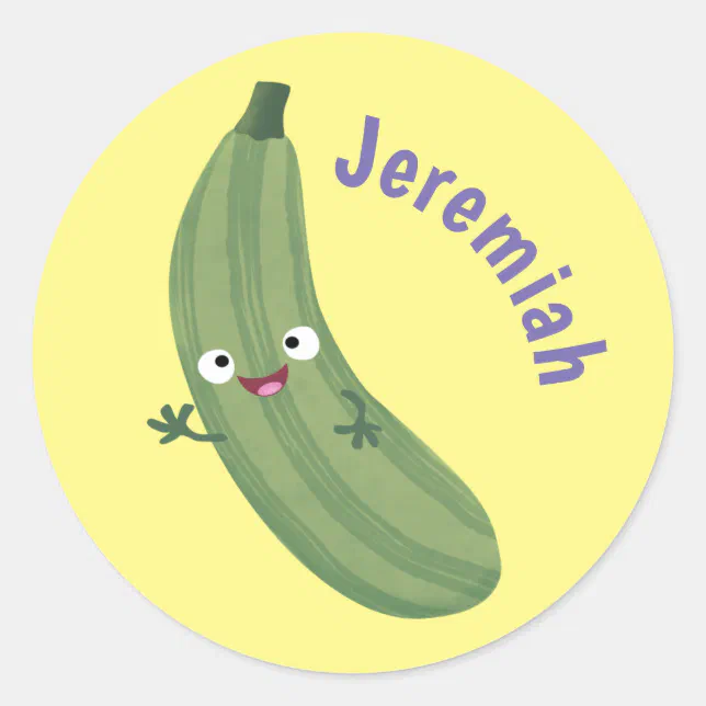 Cute zucchini happy cartoon illustration classic round sticker | Zazzle