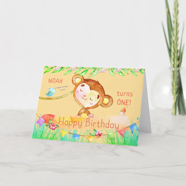 Cutest Monkey First Birthday Thank You Card | Zazzle