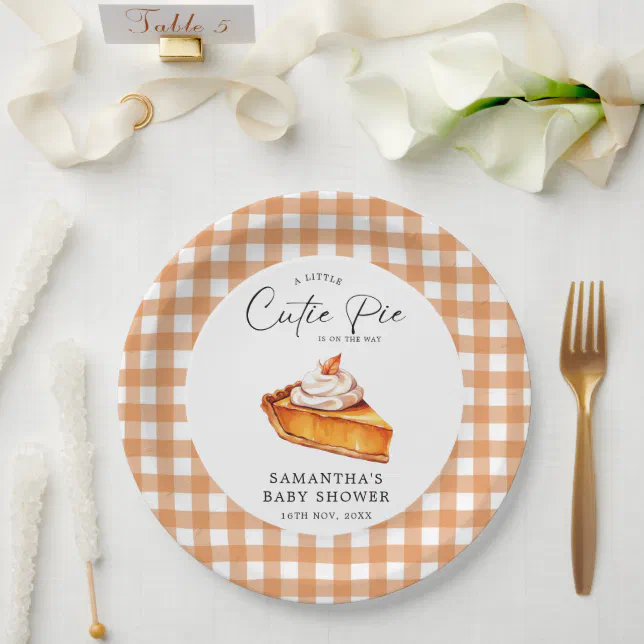Cutie Pie Pumpkin Fall Gingham Baby Shower Paper Plates | Zazzle