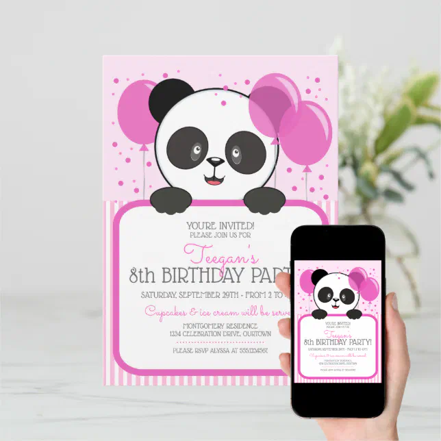 Cutie Pink Panda Birthday Party Invitations | Zazzle