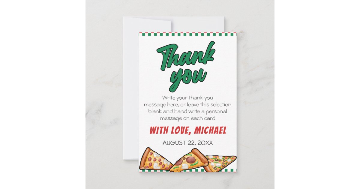 Cuties Pizza Party Red Green Caro 5th Birthday Thank You Card | Zazzle