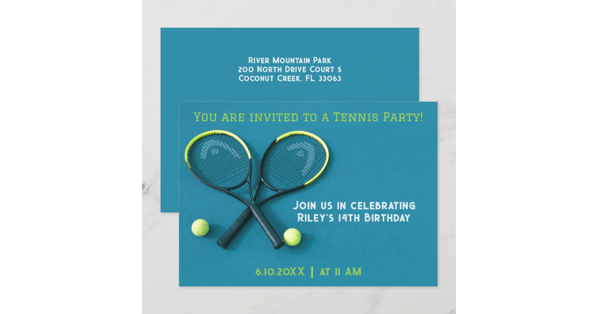 Cyan Birthday Party Rackets and Balls Tennis Invitation | Zazzle