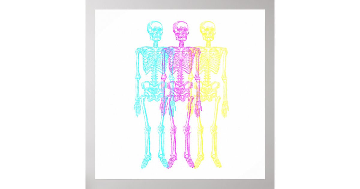 Cyan Magenta Yellow Letterpress Skeletons Poster | Zazzle