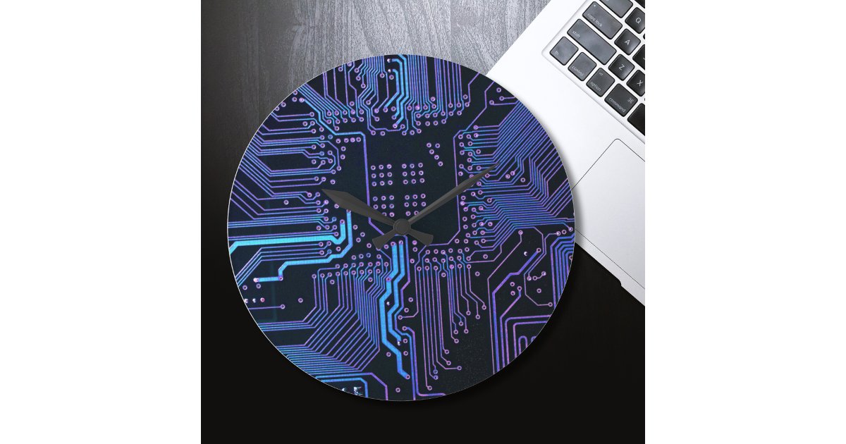 Cyber Blue PCB Circuit Board Trace Pattern Art Large Clock | Zazzle