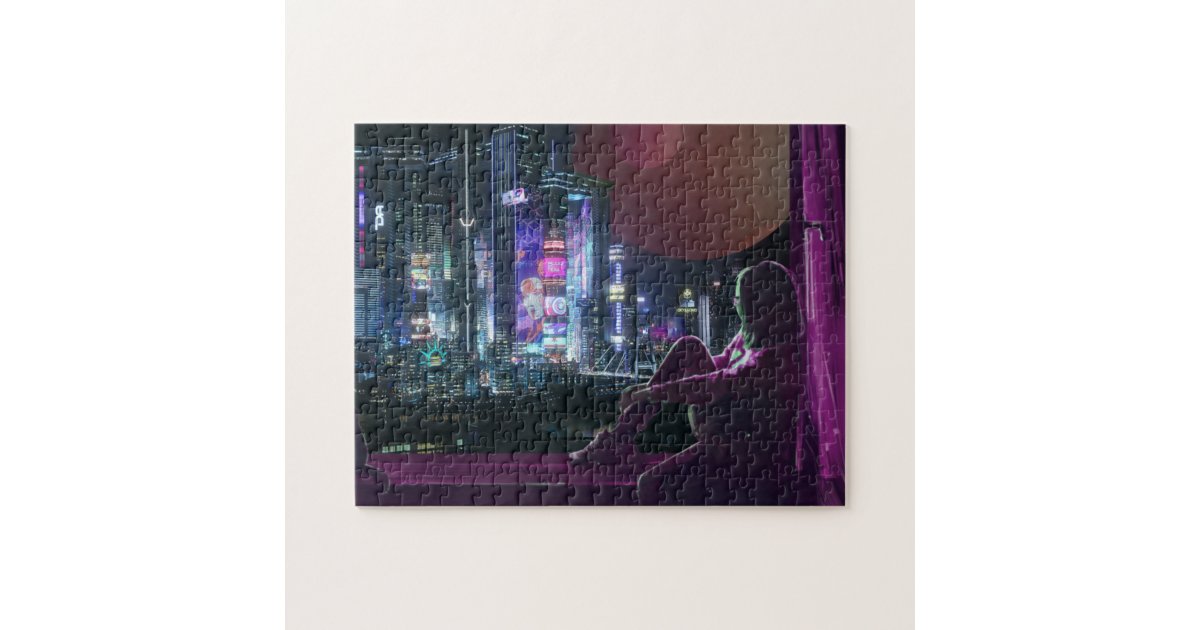 cyberpunk city skyline girl scifi synthwave jigsaw puzzle | Zazzle
