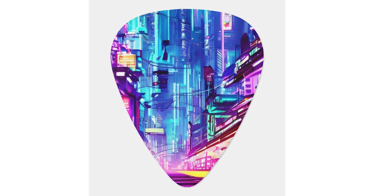 Cyberpunk Futuristic Neon City Guitar Pick | Zazzle
