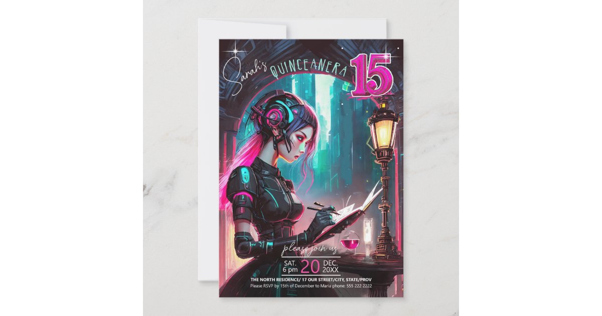 Cyberpunk Quinceanera Hot Pink/Teal ID1027 Invitation | Zazzle