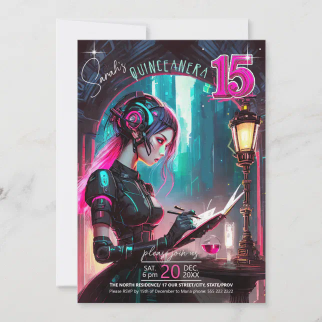 Cyberpunk Quinceanera Hot Pink/Teal ID1027 Invitation | Zazzle