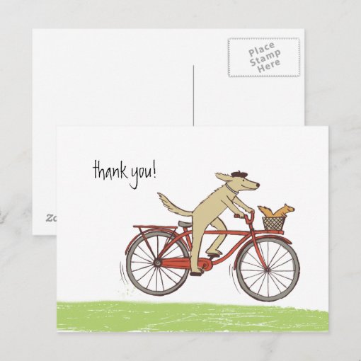 Cycling Dog and Squirrel Whimsical Thanks Custom Postcard | Zazzle