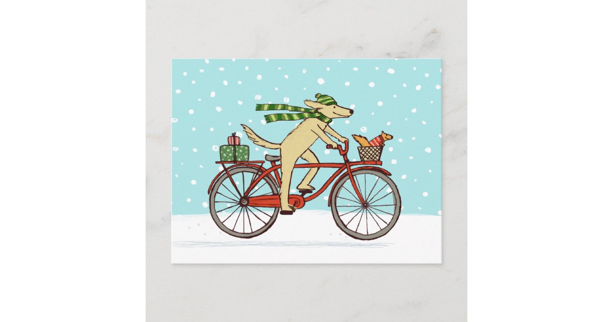 Cycling Dog and Squirrel Whimsical Winter Holiday | Zazzle