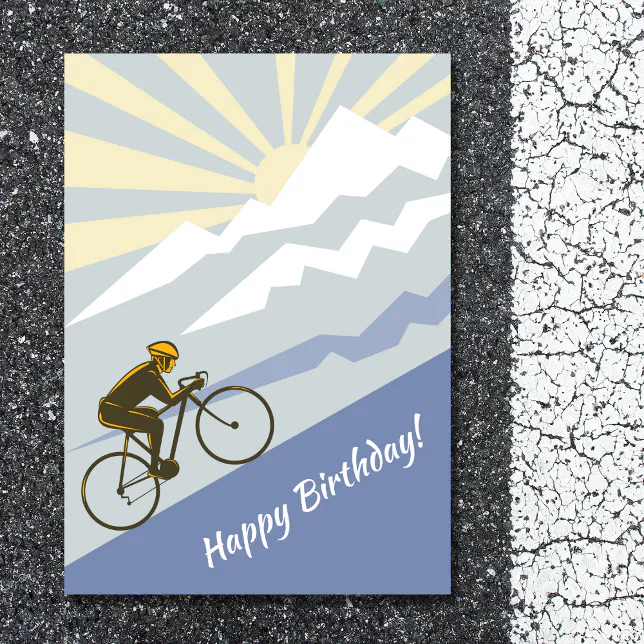 Cyclist Biking up Mountain Road Bike Birthday Card | Zazzle