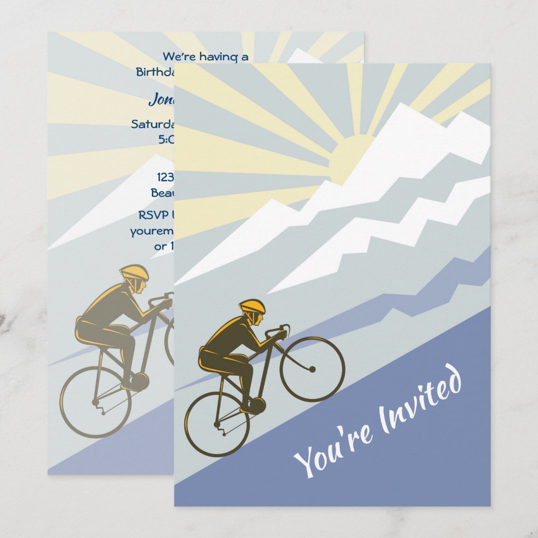 Cyclist Biking up Mountain Road Bike Birthday Invitation | Zazzle