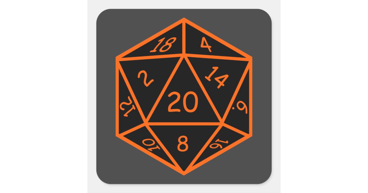 D20 Black & Orange Square Sticker | Zazzle