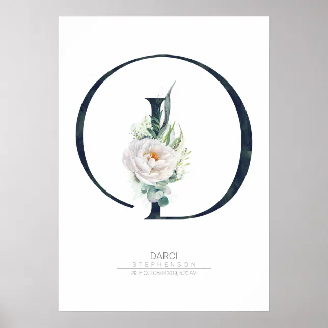 D Letter Monogram White Flowers and Greenery Poster | Zazzle