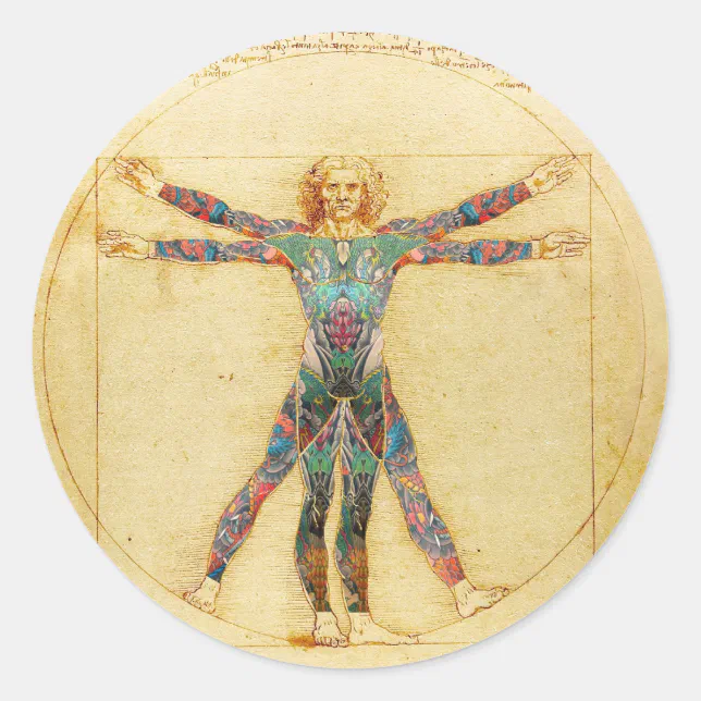 Da Vinci's Vitruvian man with tattoos Classic Round Sticker | Zazzle