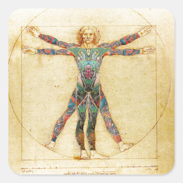 Da Vinci's Vitruvian man with tattoos Square Sticker | Zazzle