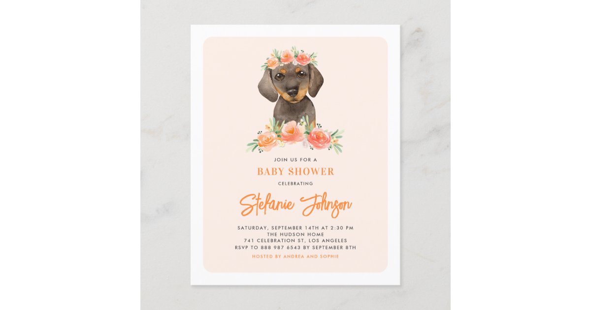Dachshund and Peach Flowers Baby Shower Invitation | Zazzle
