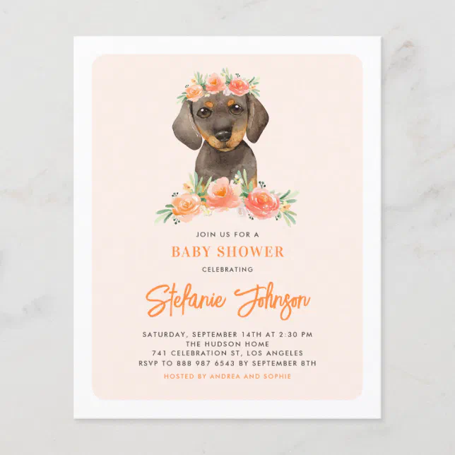 Dachshund and Peach Flowers Baby Shower Invitation | Zazzle