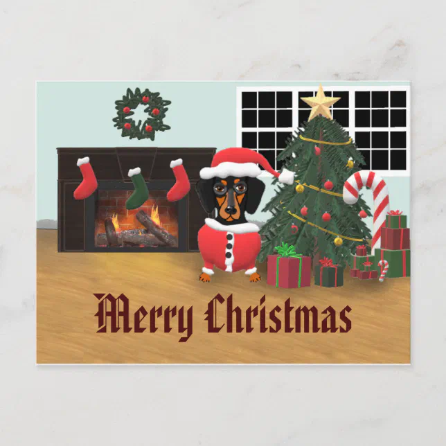 Dachshund Santa Merry Christmas Scene Postcard | Zazzle