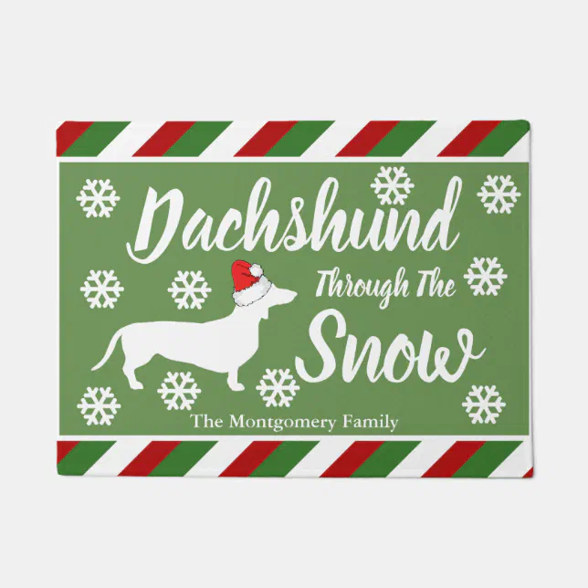 Dachshund Through The Snow Christmas Stripes Doormat | Zazzle