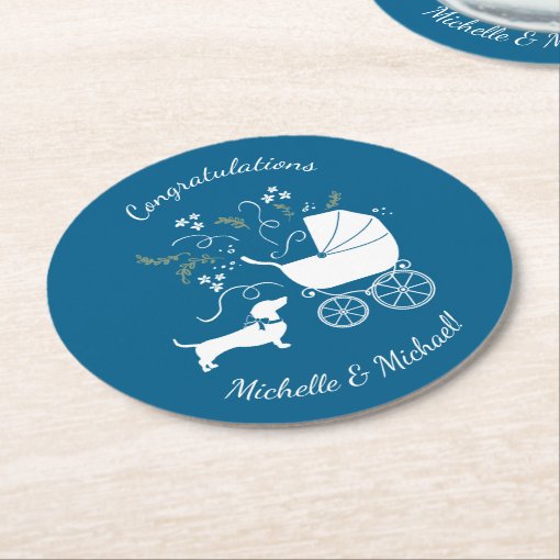 Dachshund Wiener Dog Baby Shower Blue Boy Round Paper Coaster | Zazzle