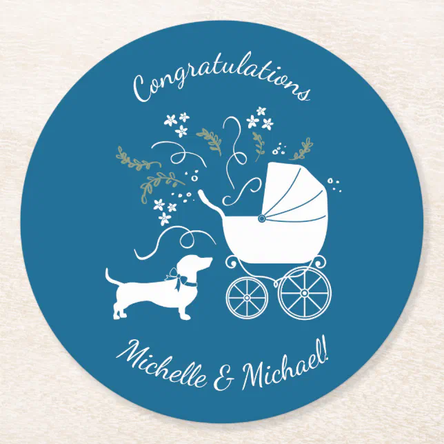 Dachshund Wiener Dog Baby Shower Blue Boy Round Paper Coaster | Zazzle