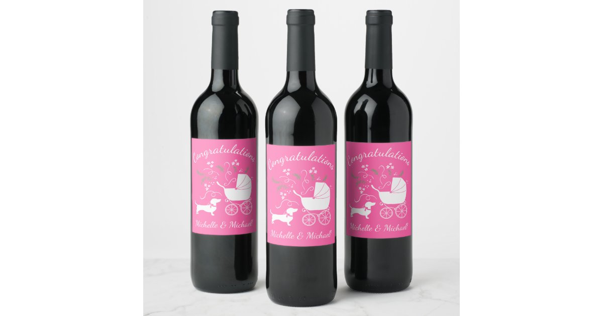Dachshund Wiener Dog Baby Shower Pink Girl Wine Label | Zazzle