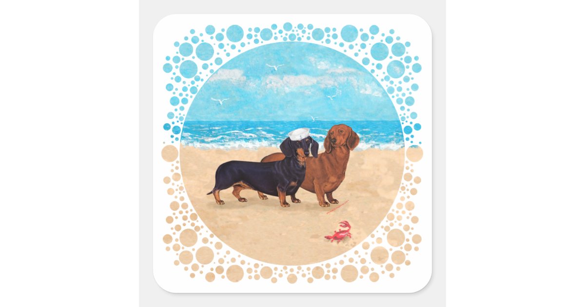 Dachshunds at the Beach Square Sticker | Zazzle