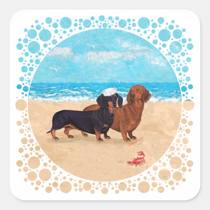 Dachshunds at the Beach Square Sticker | Zazzle