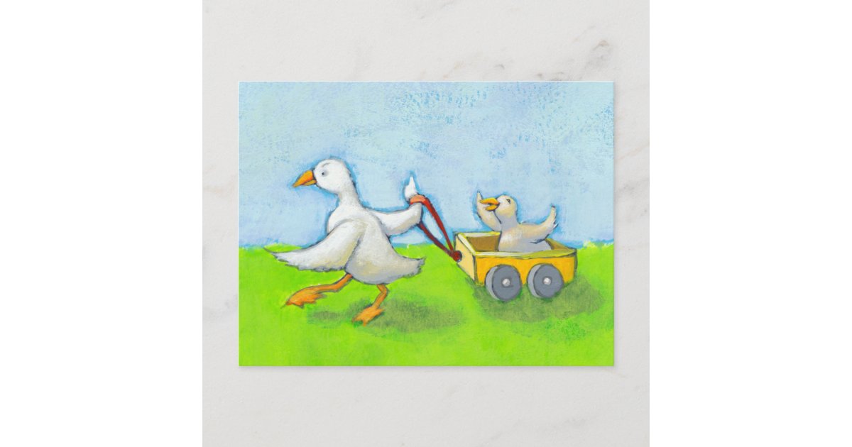Dad - Father daddy duck baby in wagon cute fun art Postcard | Zazzle
