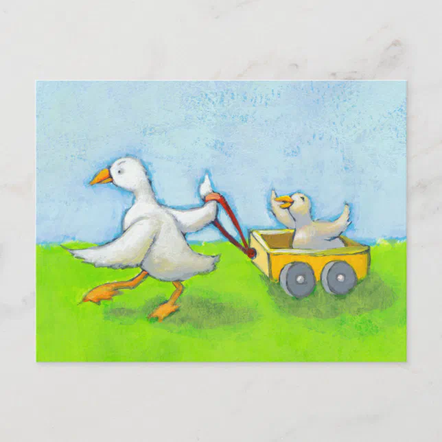 Dad - Father daddy duck baby in wagon cute fun art Postcard | Zazzle