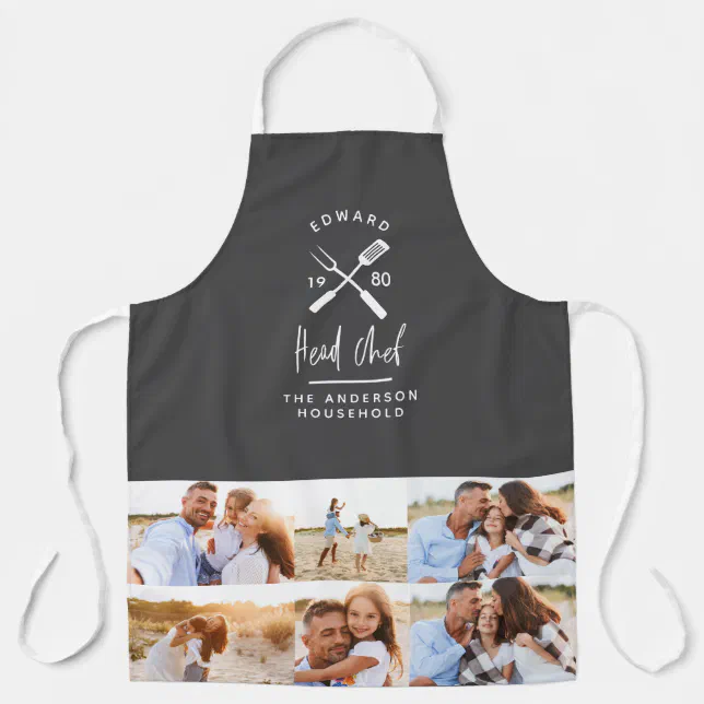 Dad head chef bbq grill multi photo modern apron | Zazzle