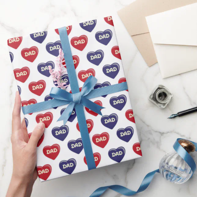 Dad Red Blue Heart Birthday Father's Day Wrapping Paper | Zazzle