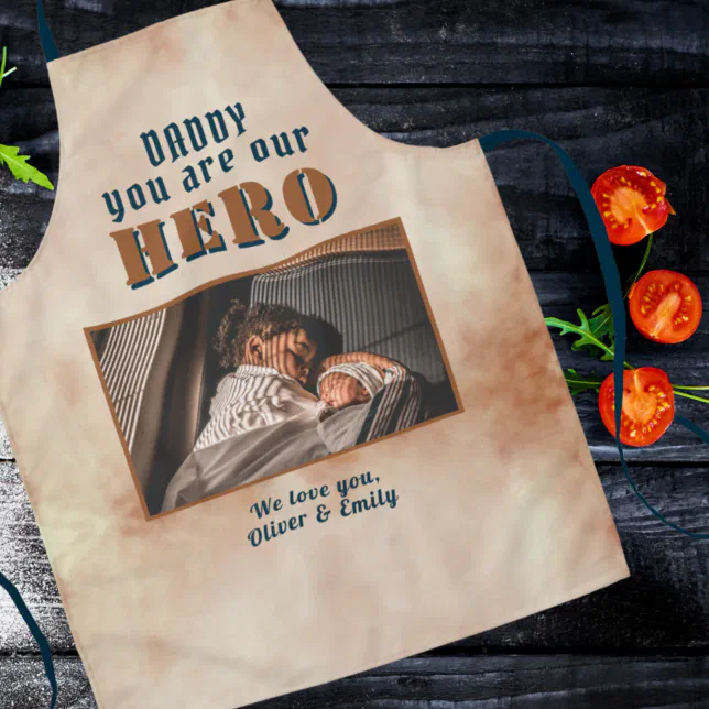 Daddy Hero Watercolor Father Keepsake Family Photo Apron | Zazzle