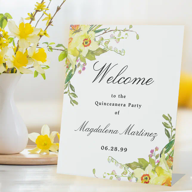 Daffodil Floral Quinceanera Party Welcome Pedestal Sign | Zazzle