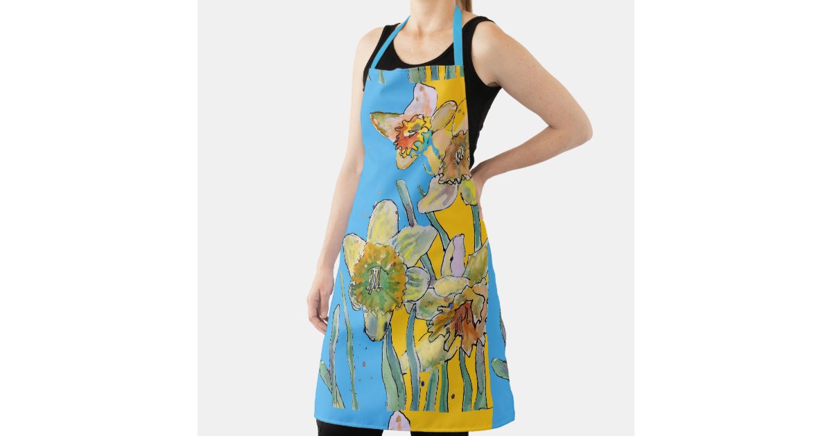 Daffodil Watercolor Blue Flower Floral Kitchen Apron | Zazzle