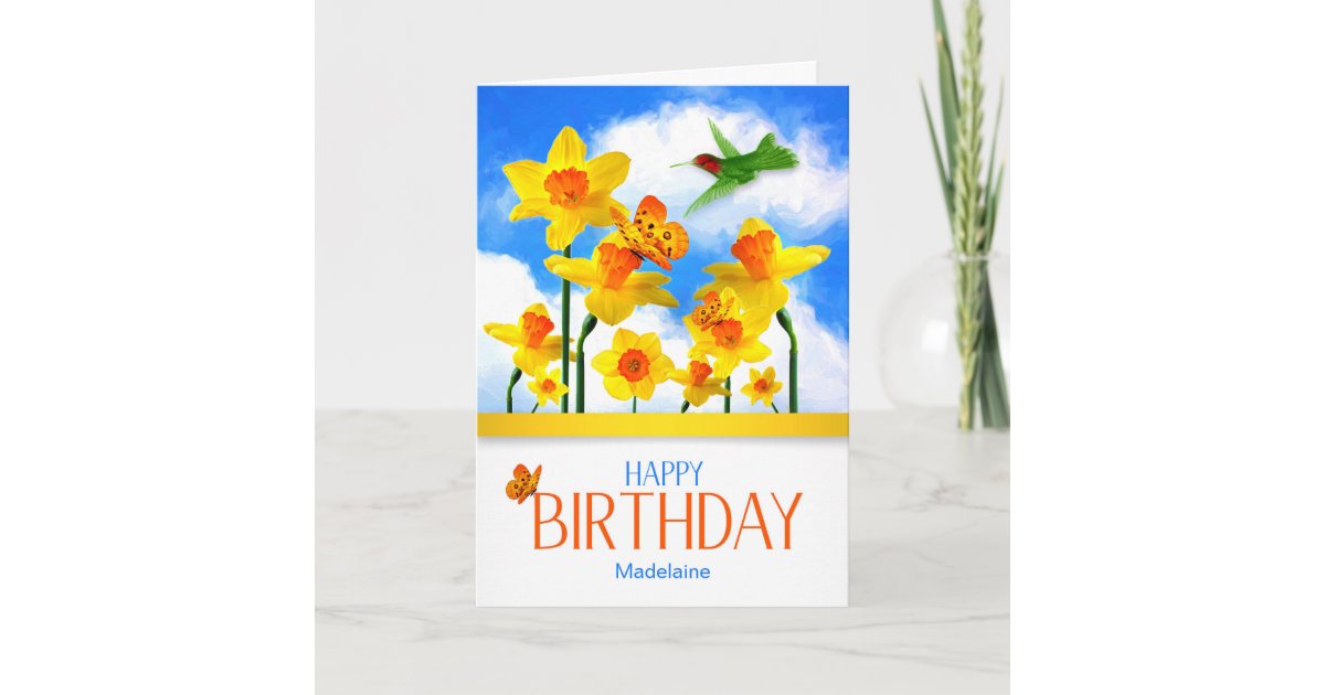 Daffodils and Hummingbird with Name Birthday Card | Zazzle