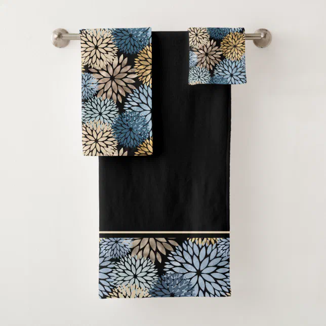 Dahlia Blue Gold Floral Pattern Bath Towel Set | Zazzle