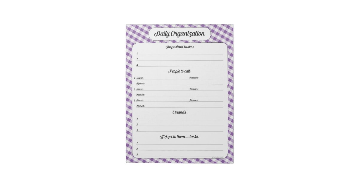 Daily Organization - Purple Gingham Notepad | Zazzle