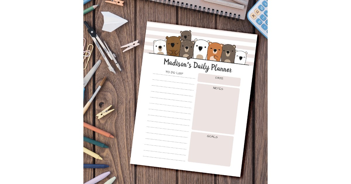 Daily Planner Cute Bears Personalized Notepad | Zazzle