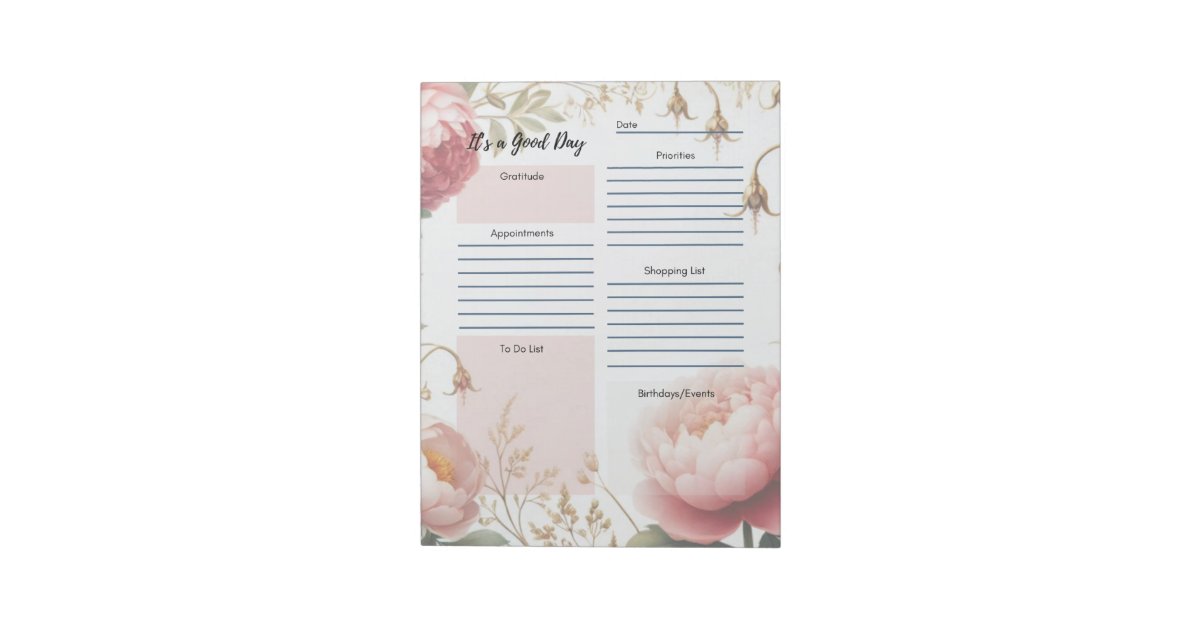 Daily Planner Peonies Floral Border Notepad | Zazzle