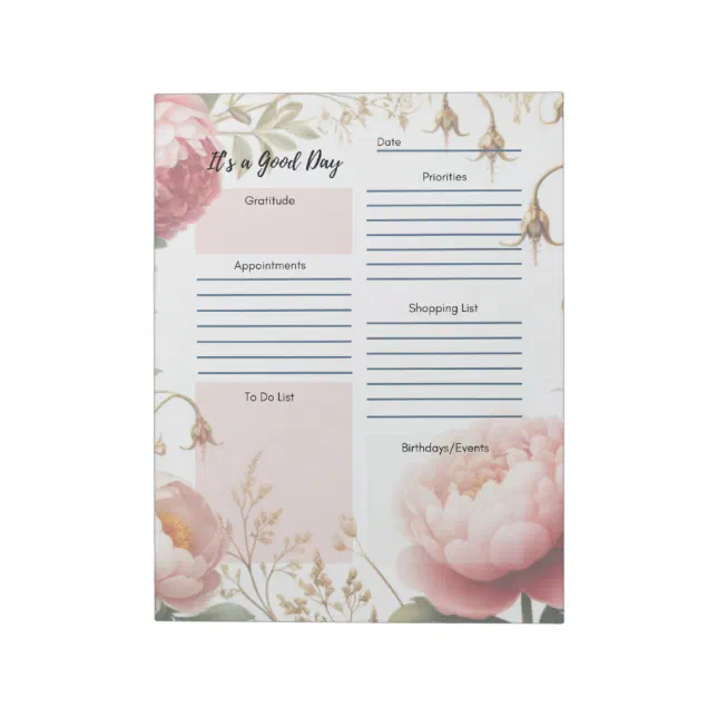 Daily Planner Peonies Floral Border Notepad | Zazzle