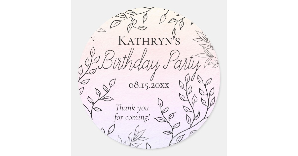 Dainty Black Floral Outlines Pink Birthday Party Classic Round Sticker ...