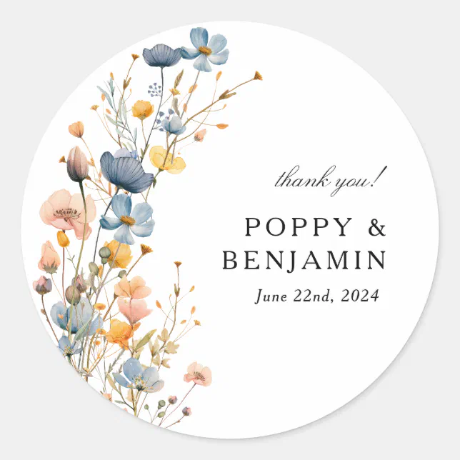 Dainty Floral Wildflower Wreath Wedding Classic Round Sticker | Zazzle