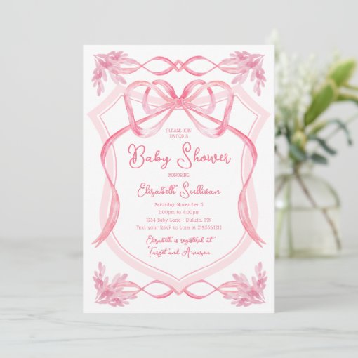 Dainty Watercolor Pink Ribbon Baby Shower Invitation | Zazzle